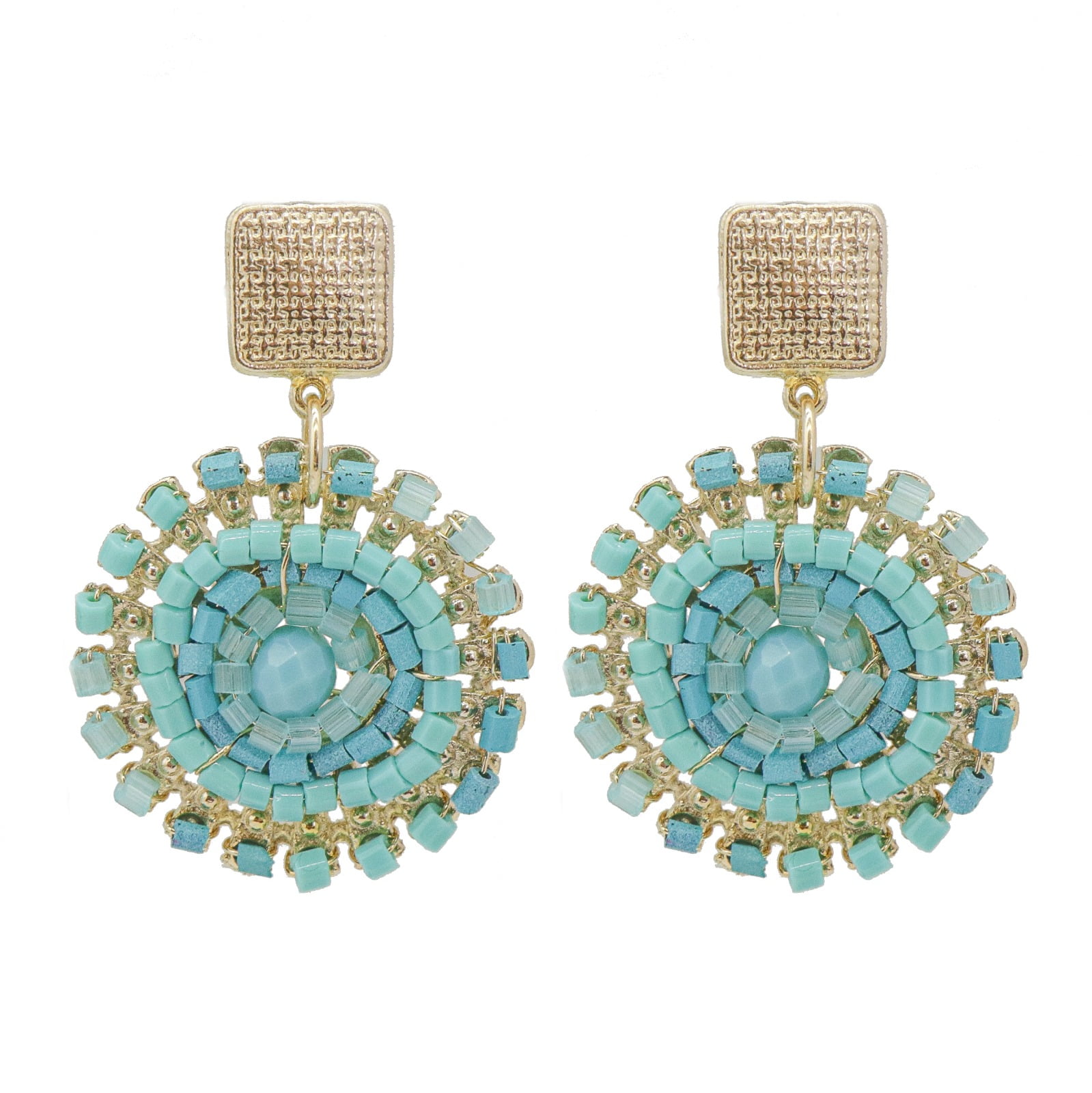 Brinco com mix de cristais e contas de vidro em tons de azul turquesa ...